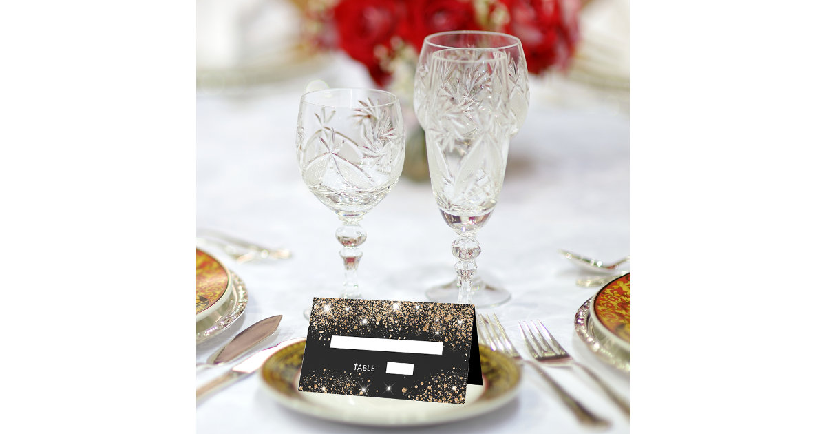 Birthday party black gold glitter dust place card | Zazzle