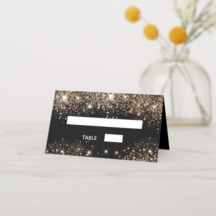Birthday party black gold glitter dust place card | Zazzle