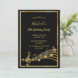 Birthday party black gold music notes invitation | Zazzle