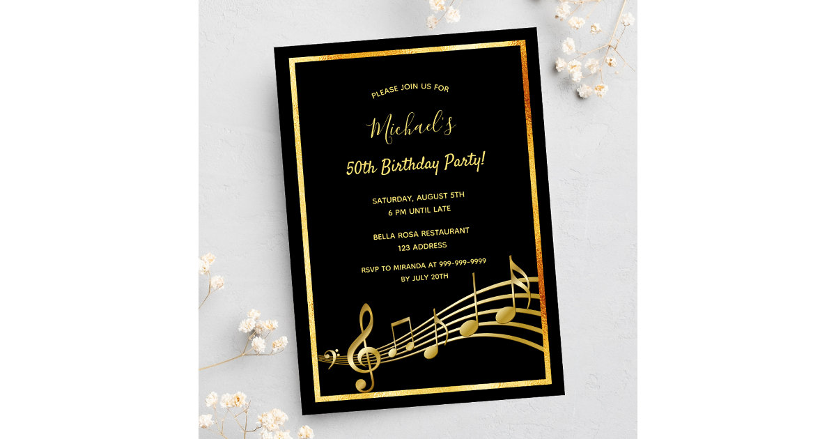 Birthday party black gold music notes invitation | Zazzle
