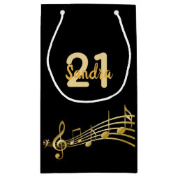 Birthday party black gold music notes monogram small gift bag | Zazzle