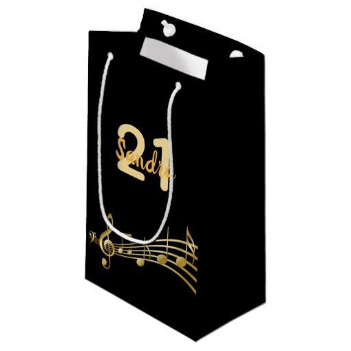 Birthday party black gold music notes monogram small gift bag | Zazzle