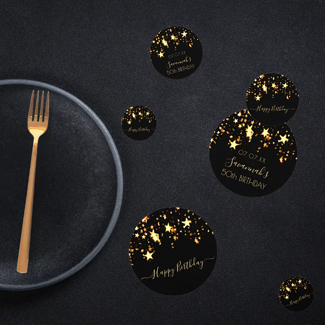 Birthday party black gold stars glam modern confetti | Zazzle