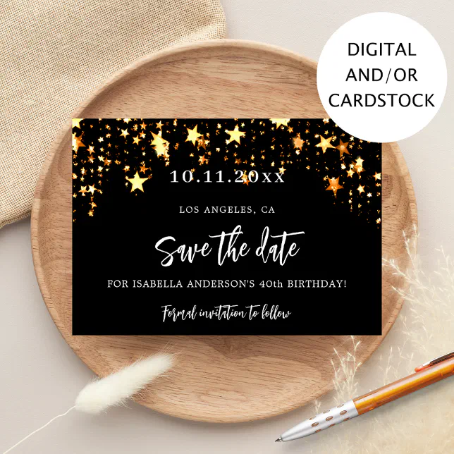 Birthday party black gold stars save the date card | Zazzle