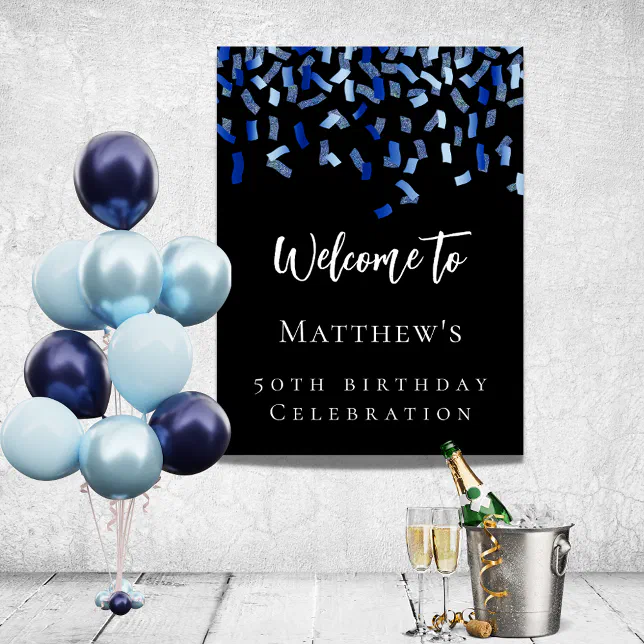 Birthday party black navy blue welcome poster | Zazzle