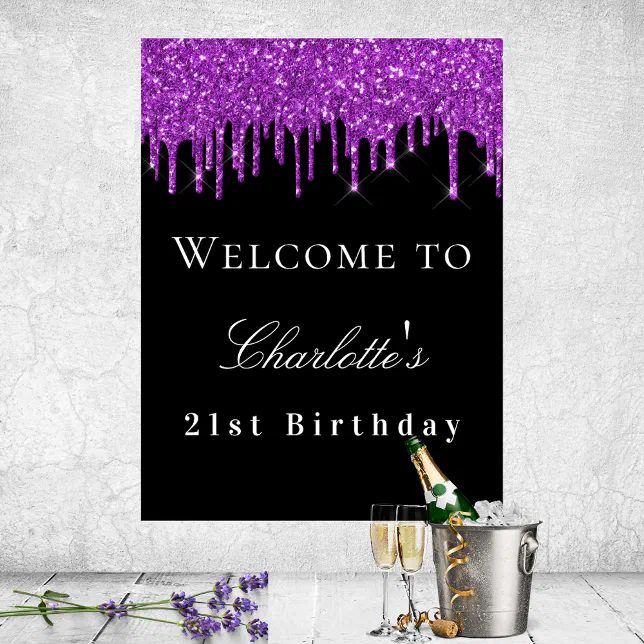 Birthday party black purple glitter drips welcome poster | Zazzle