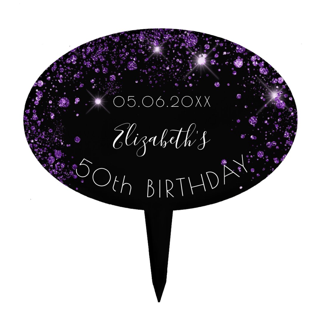 Birthday party black purple glitter dust name cake topper | Zazzle