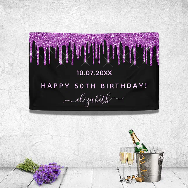 Birthday party black purple glitter sparkle glam banner | Zazzle