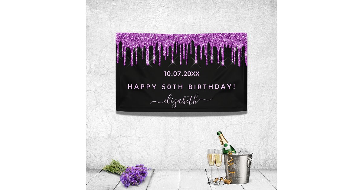 Birthday party black purple glitter sparkle glam banner | Zazzle