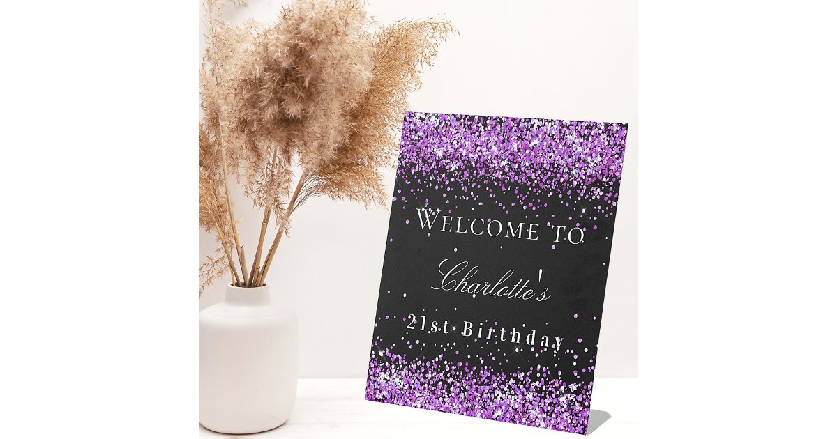 Birthday party black purple glitter welcome pedestal sign | Zazzle