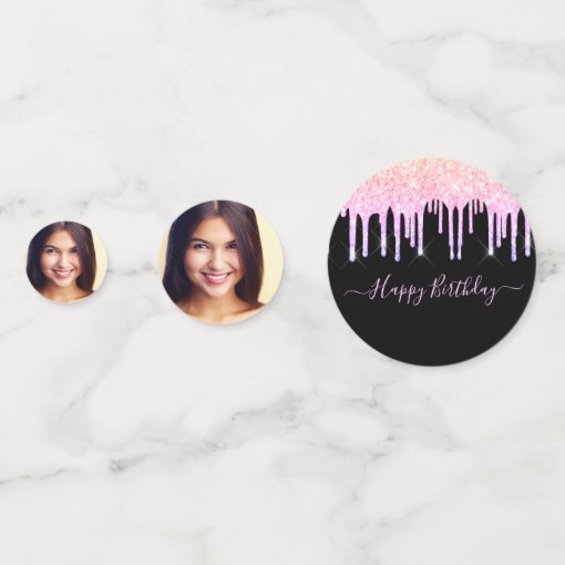 Birthday party black rainbow glitter photo pink confetti | Zazzle