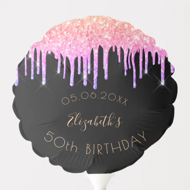 Birthday party black rainbow glitter pink purple balloon | Zazzle