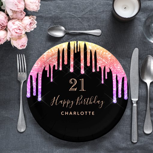 Birthday party black rainbow glitter pink sparkle paper plates | Zazzle