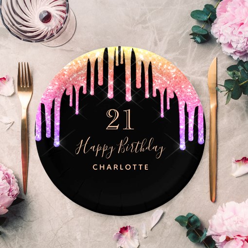 Birthday party black rainbow glitter pink sparkle paper plates | Zazzle