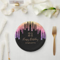 Birthday party black rainbow glitter pink sparkle paper plates | Zazzle