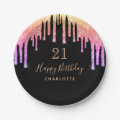 Birthday party black rainbow glitter pink sparkle paper plates | Zazzle