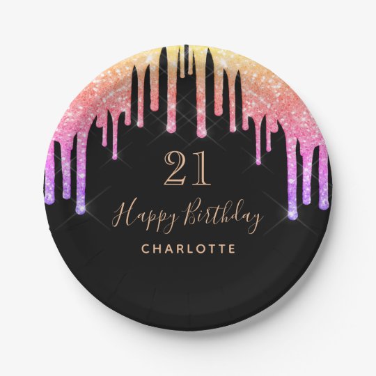 Birthday party black rainbow glitter pink sparkle paper plates | Zazzle.com