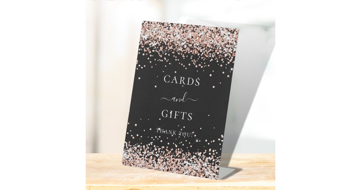 Birthday party black rose gold cards gifts pedestal sign | Zazzle