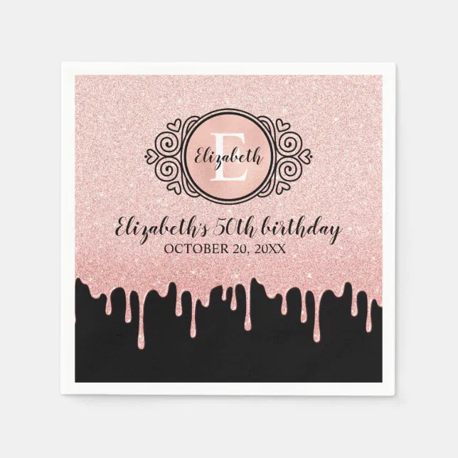 Birthday Party Black Rose Gold Dripping Glitter Napkins | Zazzle
