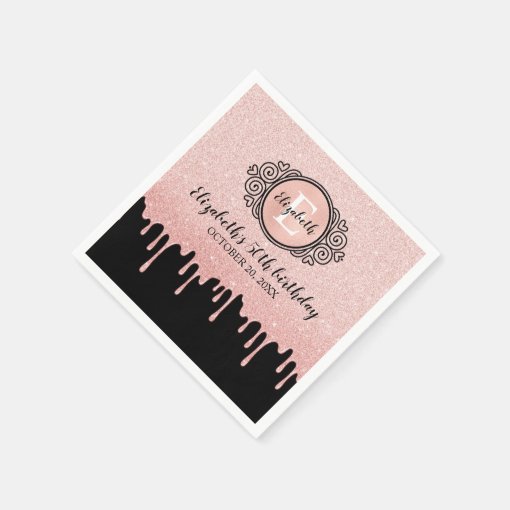 Birthday Party Black Rose Gold Dripping Glitter Napkins | Zazzle