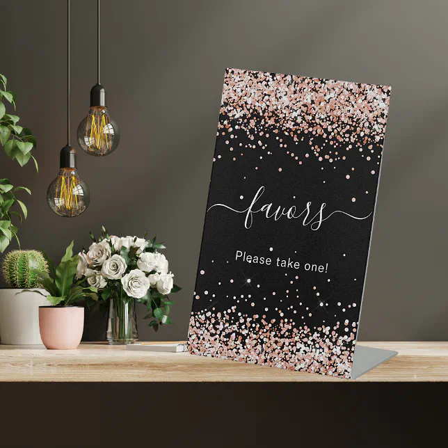 Birthday party black rose gold glitter guest favor pedestal sign | Zazzle