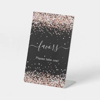 Birthday party black rose gold glitter guest favor pedestal sign | Zazzle