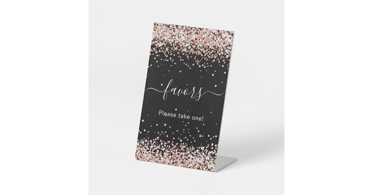 Birthday party black rose gold glitter guest favor pedestal sign | Zazzle