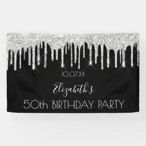 Birthday party black silver glitter sparkle glam banner | Zazzle
