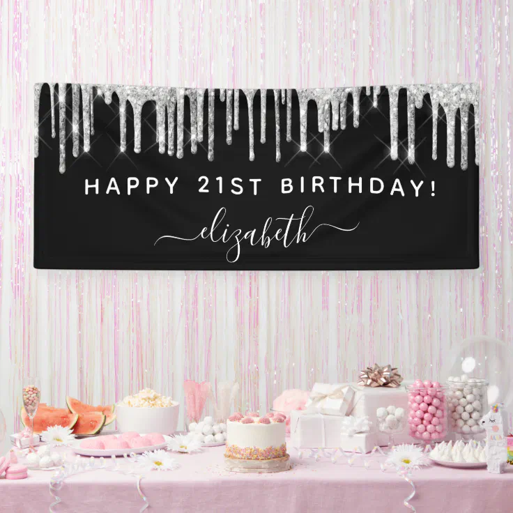 Birthday party black silver glitter sparkle glam banner | Zazzle