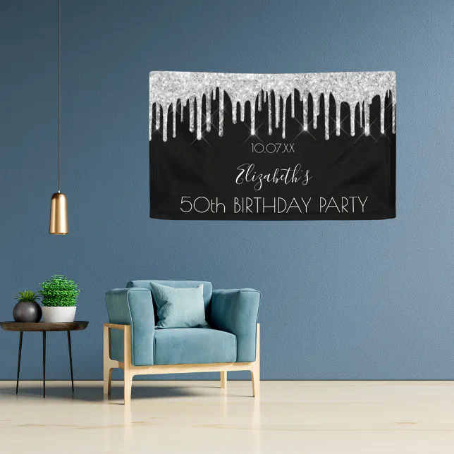 Birthday party black silver glitter sparkle glam banner | Zazzle