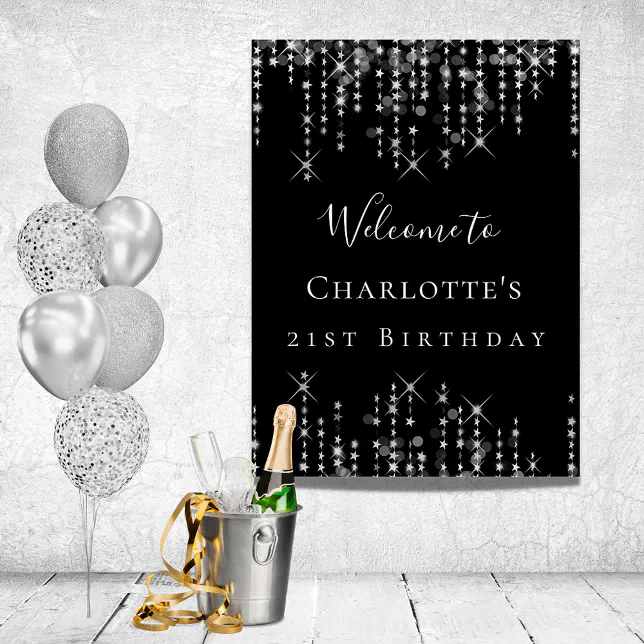 Birthday party black silver stars welcome poster | Zazzle