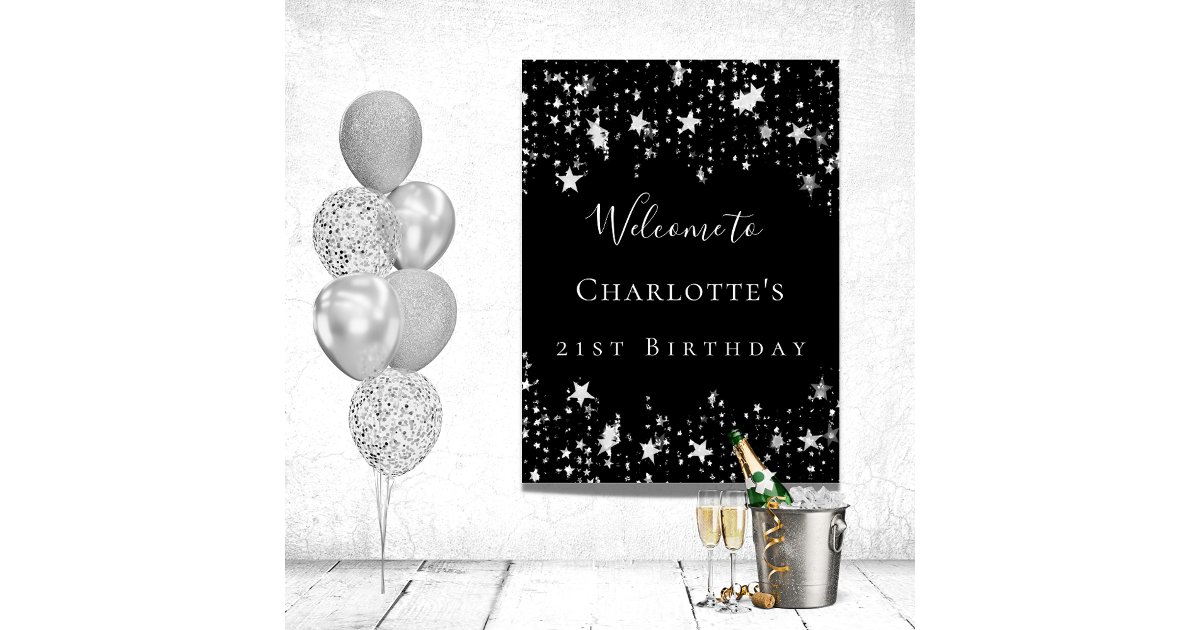 Birthday party black silver stars welcome poster | Zazzle
