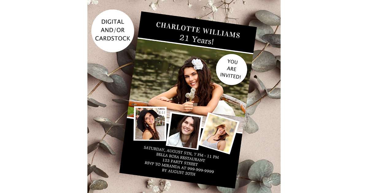 Birthday party black white photo collage invitation | Zazzle