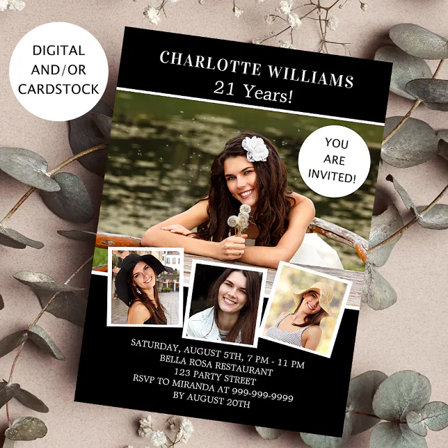 Birthday party black white photo collage invitation | Zazzle