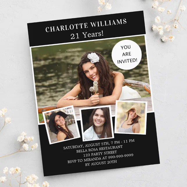 Birthday party black white photo collage invitation postcard | Zazzle