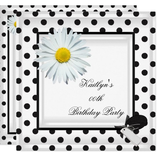 Birthday Party Black White Polka Dot Daisy Invitation | Zazzle.com