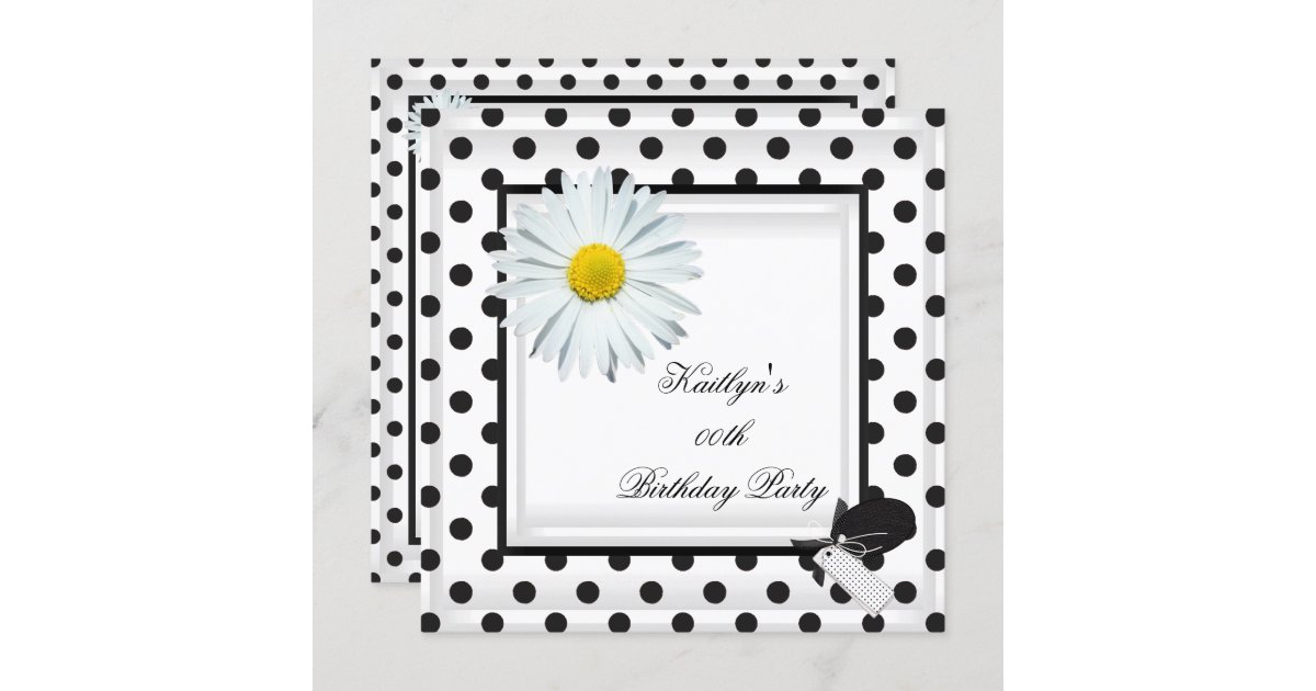 Birthday Party Black White Polka Dot Daisy Invitation | Zazzle