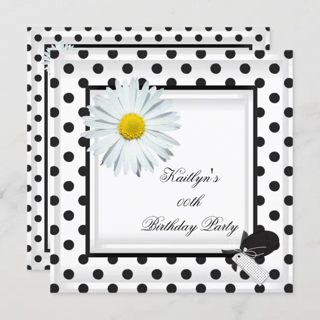 Birthday Party Black White Polka Dot Daisy Invitation | Zazzle