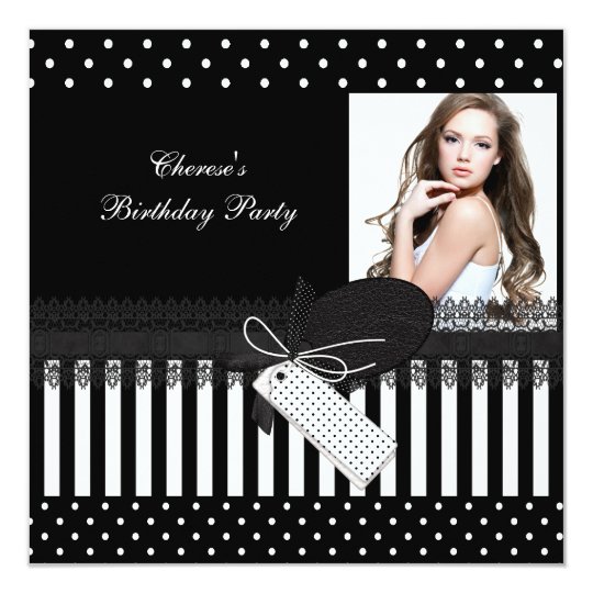 Birthday Party Black White Polka Dots Photo Invitation | Zazzle.com
