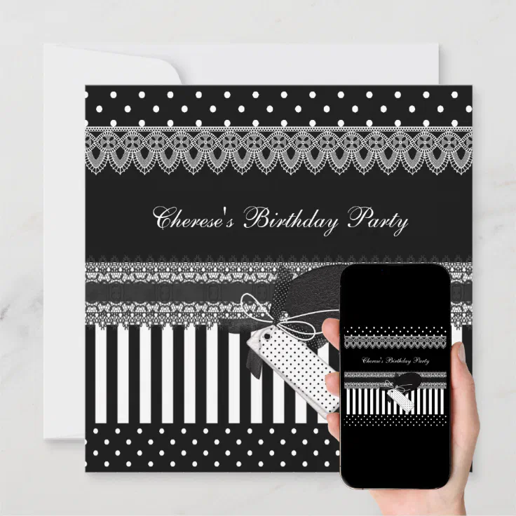 Birthday Party Black White Polka Dots Stripes Invitation | Zazzle