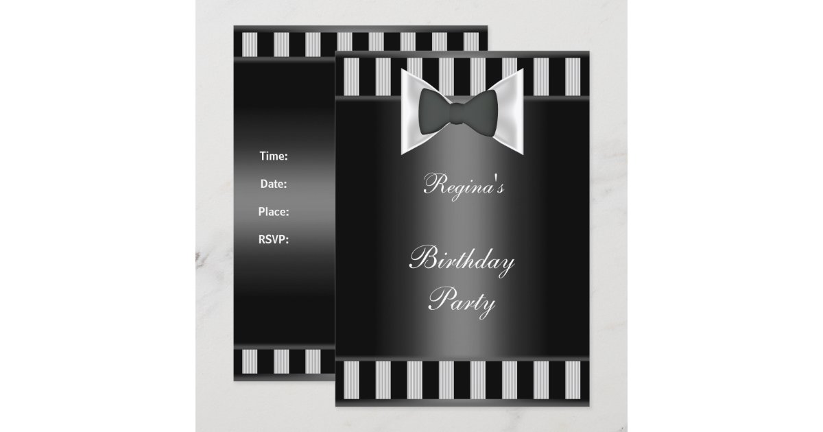 Birthday Party Black White stripe Bow tie Invitation | Zazzle