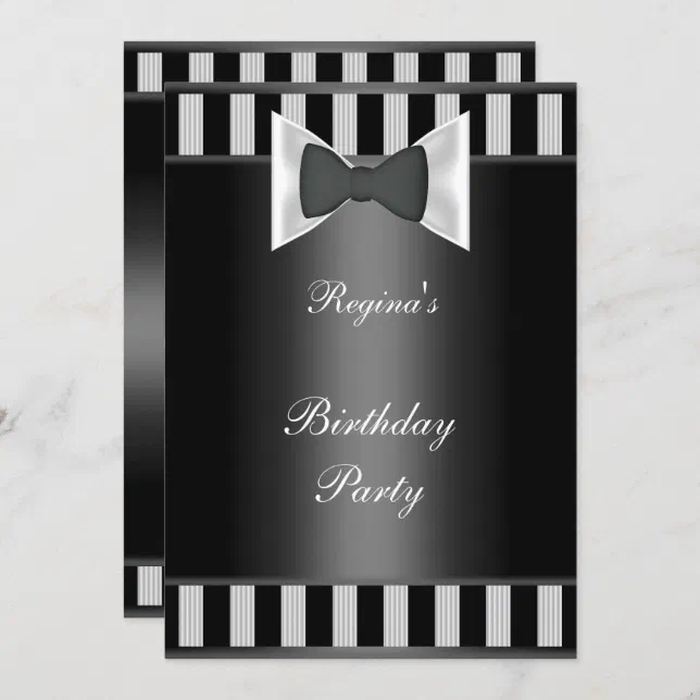 Birthday Party Black White stripe Bow tie Invitation | Zazzle
