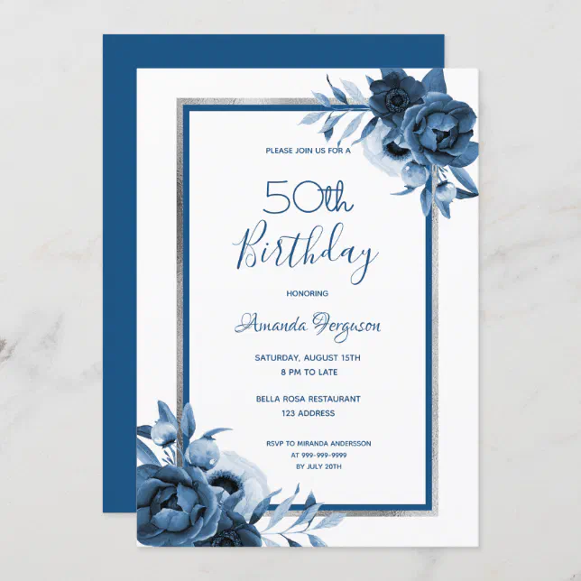 Birthday party blue florals white silver invitation | Zazzle