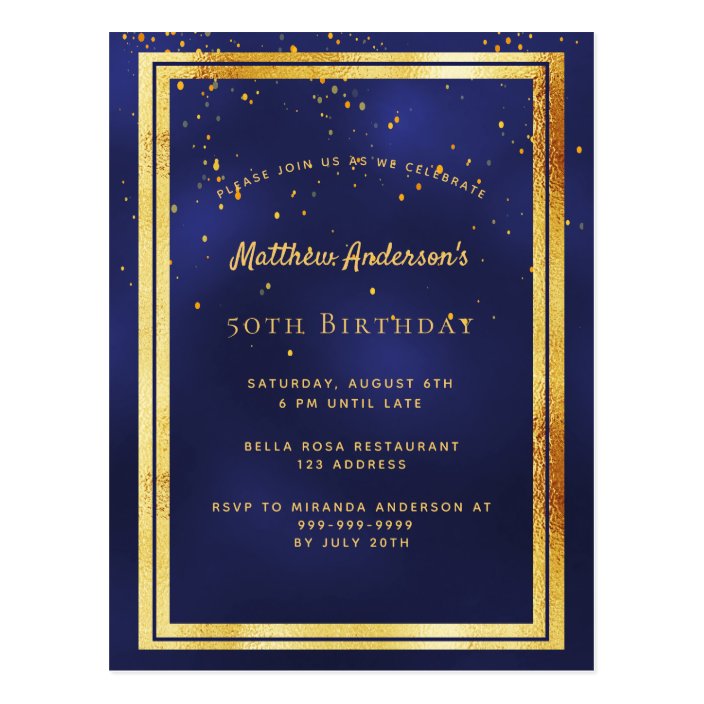 Birthday party blue gold shiny invitation postcard | Zazzle.com