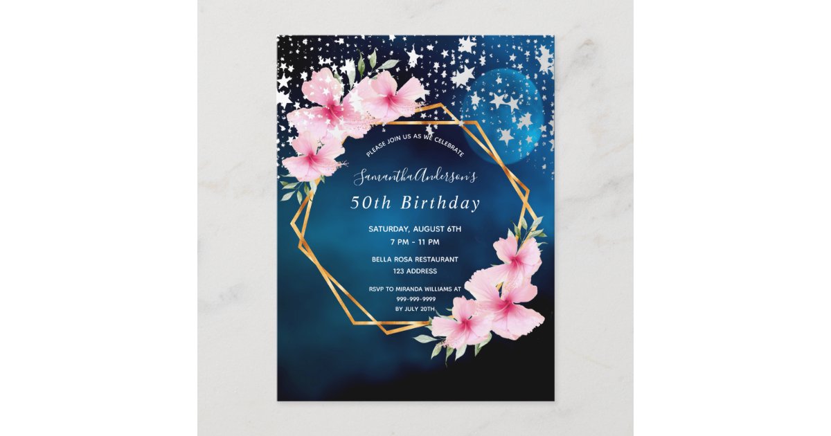 Birthday party blue pink florals invitation postcard | Zazzle