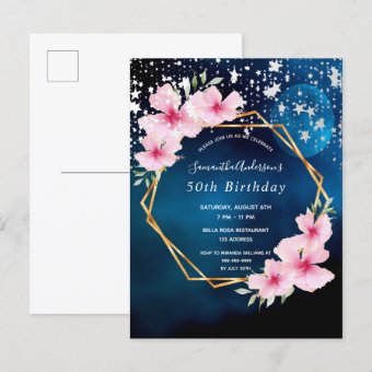 Birthday party blue pink florals invitation postcard | Zazzle