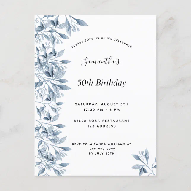 Birthday party blue white botanical floral modern invitation postcard ...