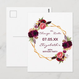 Birthday party burgundy white Change the Date Postcard | Zazzle