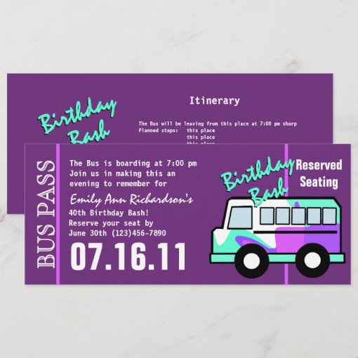 Birthday Party Bus Pass Invitation | Zazzle