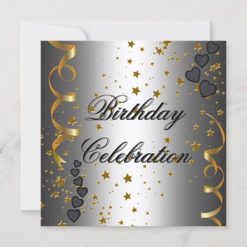 Birthday Party Celebration Silver Black Gold Stars Invitation | Zazzle